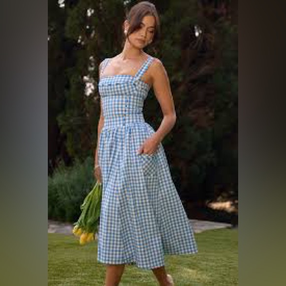 House of CB | Dresses | House Of Cb Vivien Regatta Blue Gingham Midi ...